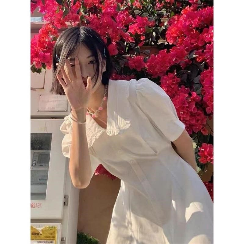 Elbise Kadın Peter Pan Yaka Yeni Ince Beyaz Düğme Tiki Tatlı Rahat ...