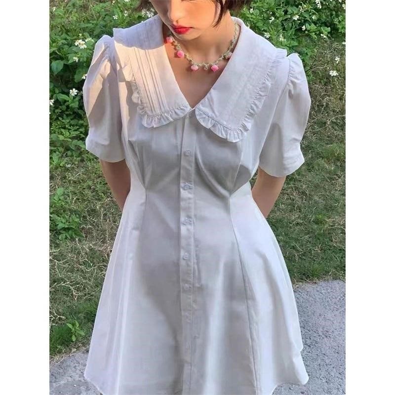 Elbise Kadın Peter Pan Yaka Yeni Ince Beyaz Düğme Tiki Tatlı Rahat ...