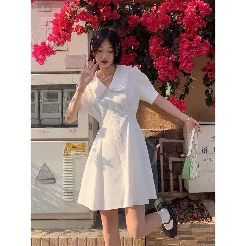 Elbise Kadın Peter Pan Yaka Yeni Ince Beyaz Düğme Tiki Tatlı Rahat ...